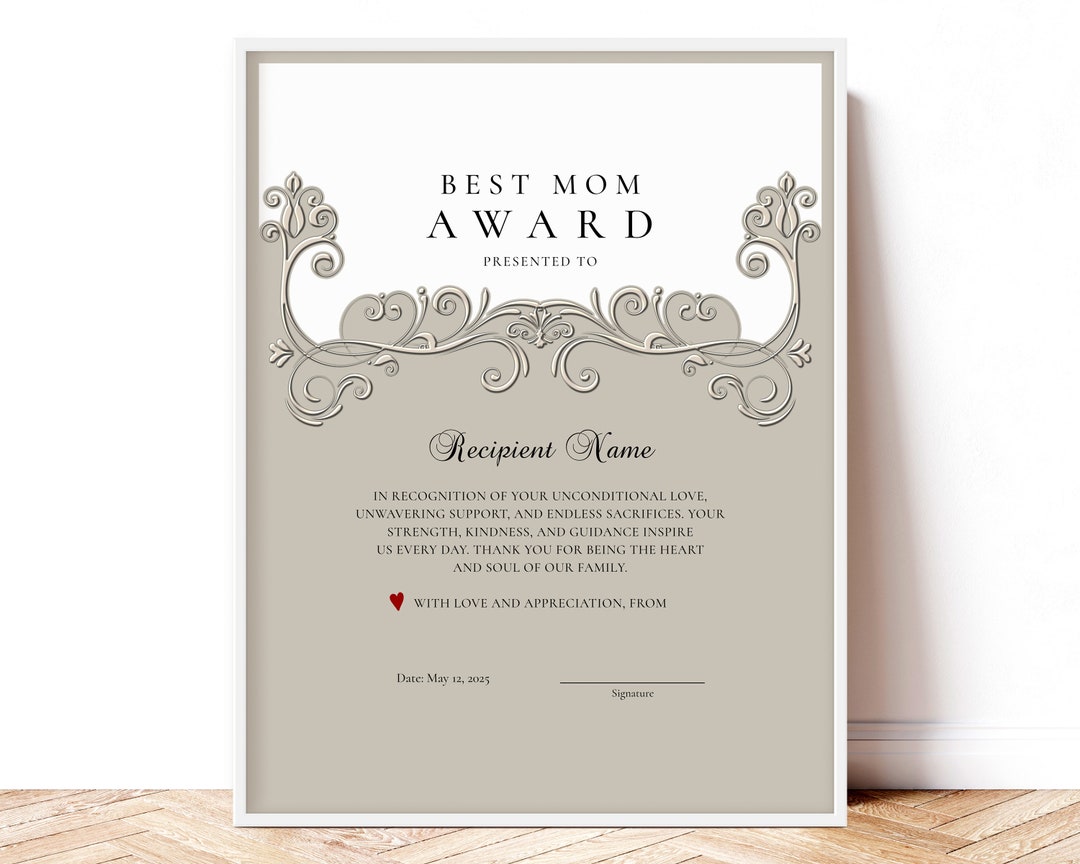 Editable Best Mom Award, Mother's Day Certificate Template ...