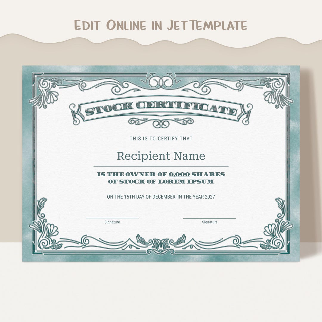 EDITABLE Stock Certificate Template, Printable Certificate of Stock ...