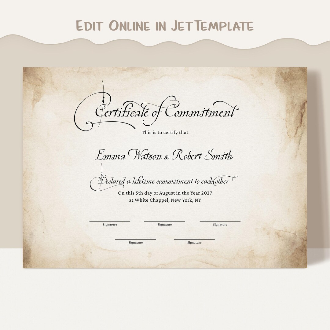 Calligraphy Commitment Certificate Template, Editable Commitment ...
