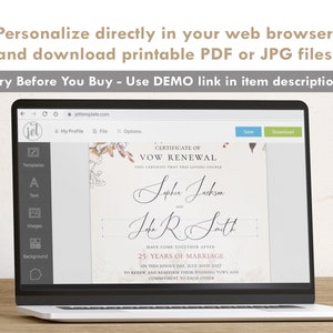 Boho Floral Vow Renewal Certificate Template Watercolor - Etsy
