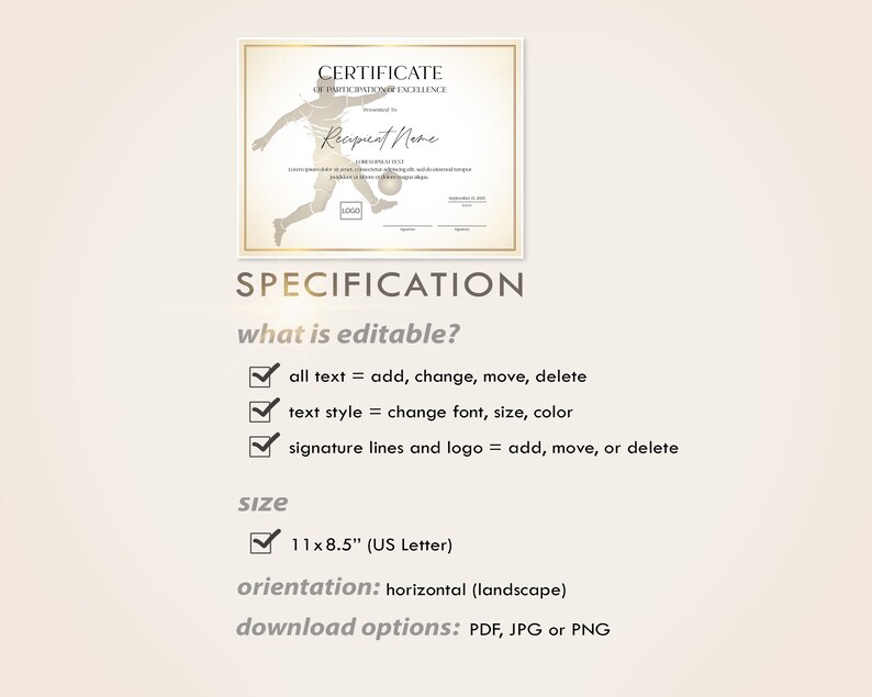 Soccer Football Certificate Template Sports Certificate Award - Etsy