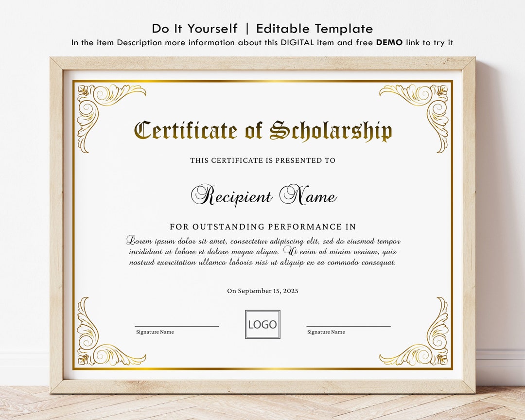Editable Scholarship Certificate Template Scholarship Award - Etsy
