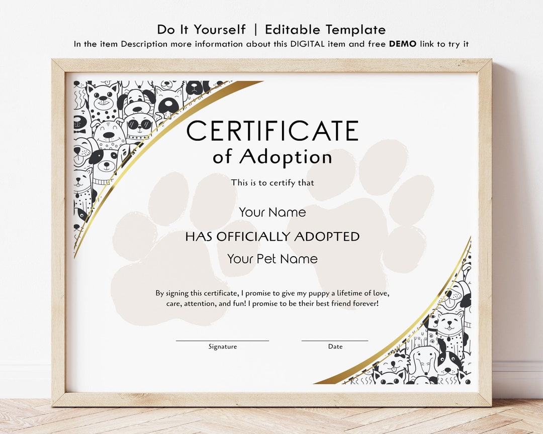 EDITABLE Puppy Adoption Certificate Template, Gift Certificate of ...