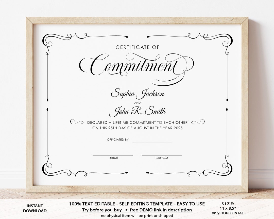 Editable Commitment Certificate Template, Elegant Minimalist Wedding ...