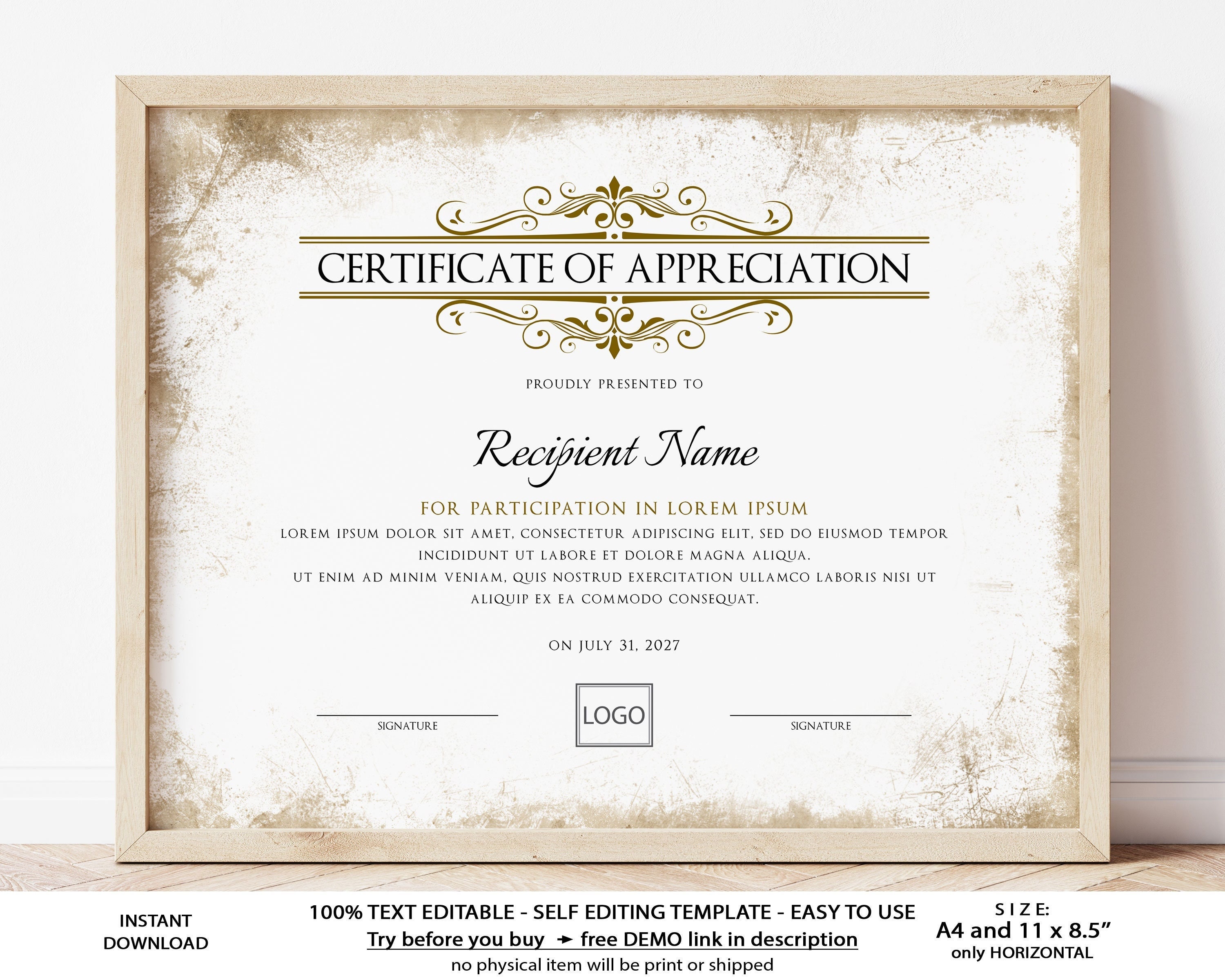Vintage Certificate of Appreciation Editable Printable - Etsy