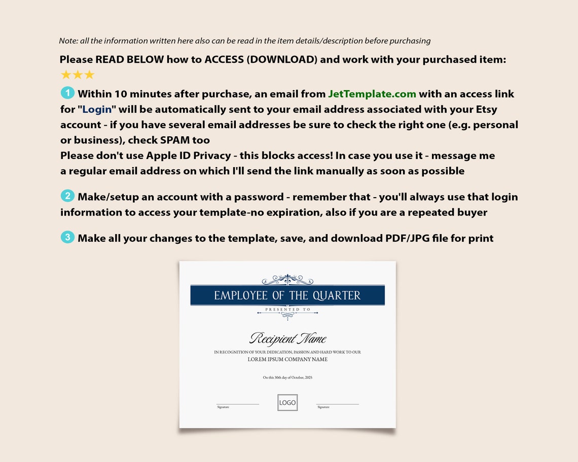 Editable Employee of the Quarter Certificate Template - Etsy