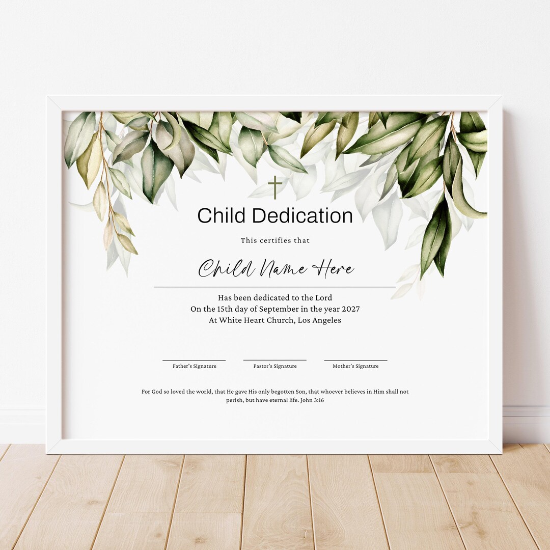 Greenery Child Dedication Certificate Template, Baby Dedication ...