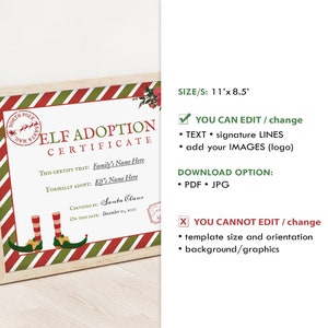 Elf Adoption Christmas Award Certificate Template, Editable Christmas ...