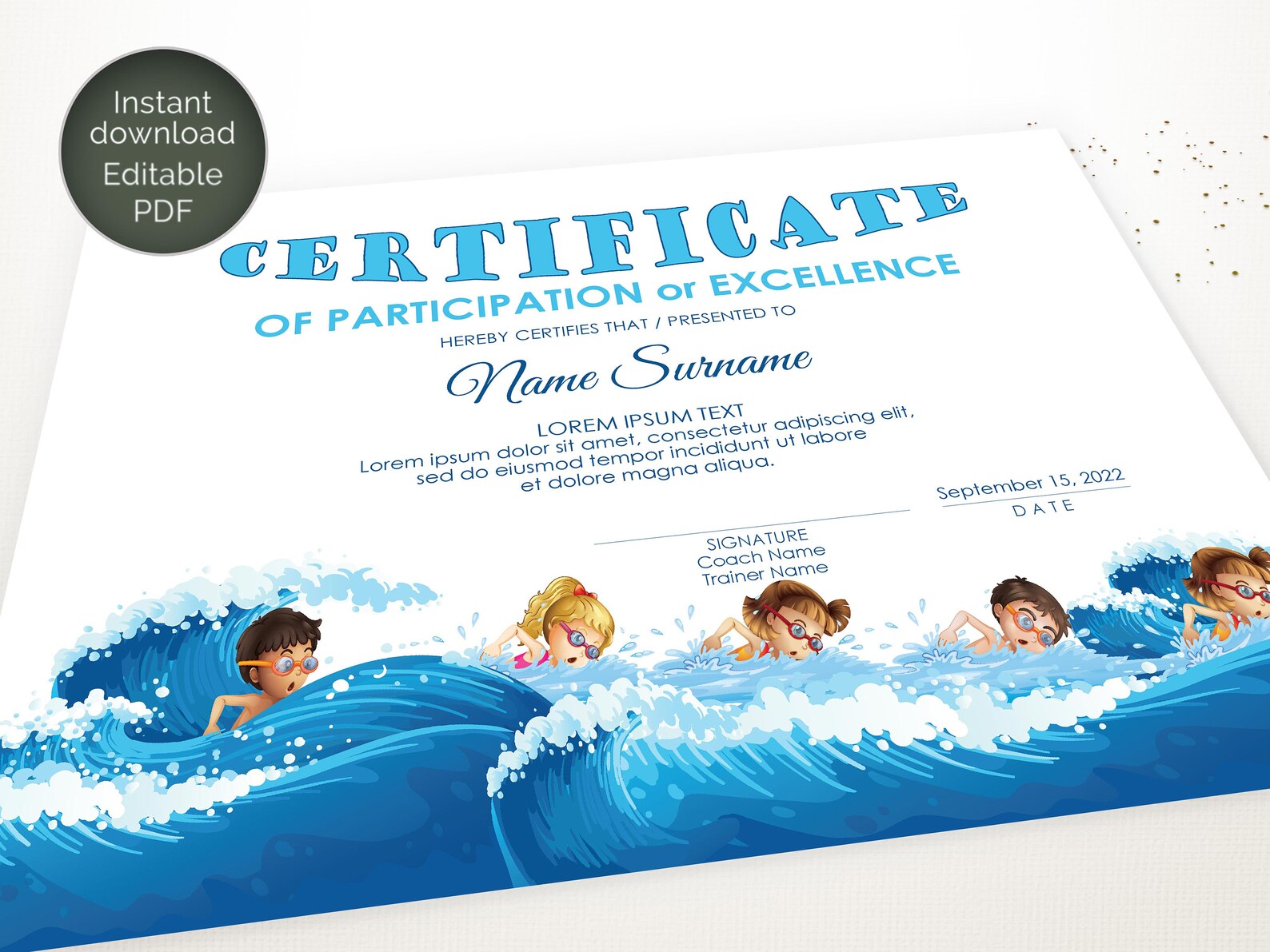 EDITABLE Swimming Certificate Template Sport Certificate | Etsy