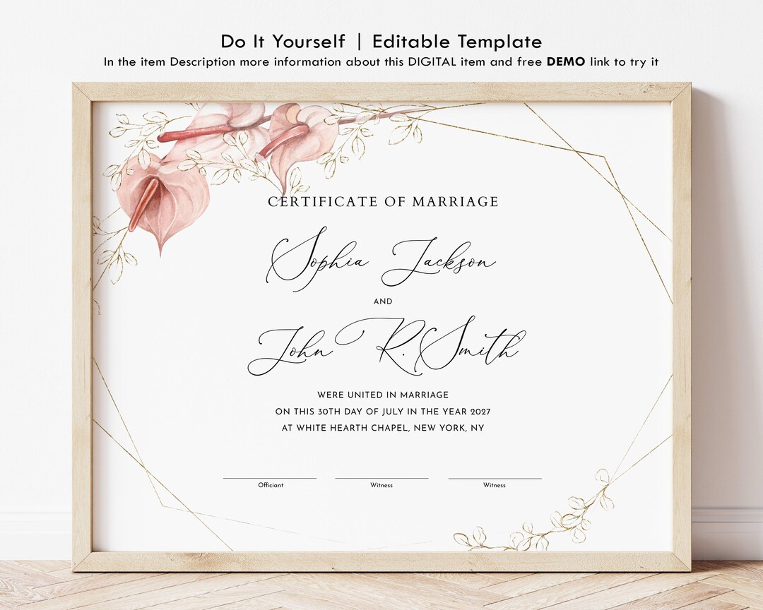 Boho Floral Marriage Certificate Template, Watercolor Calla Lily ...