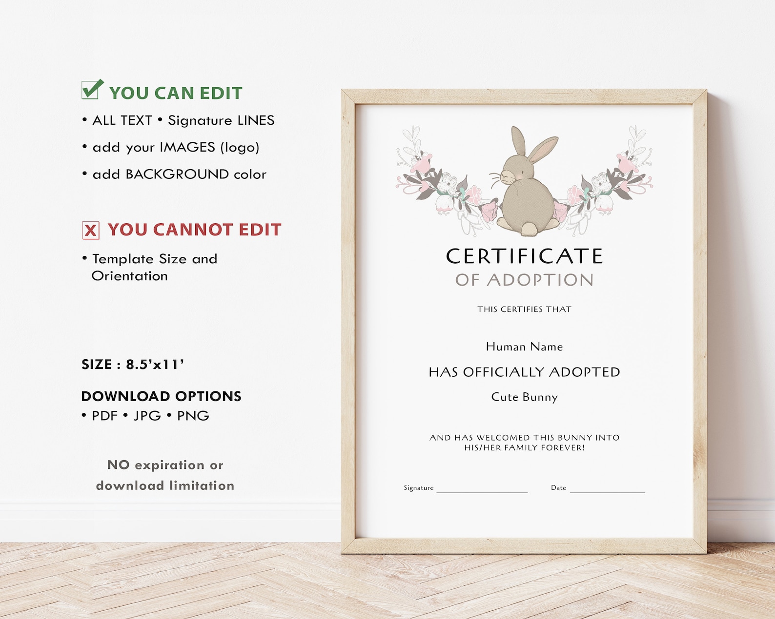 EDITABLE Bunny Adoption Certificate Template Rabbit - Etsy