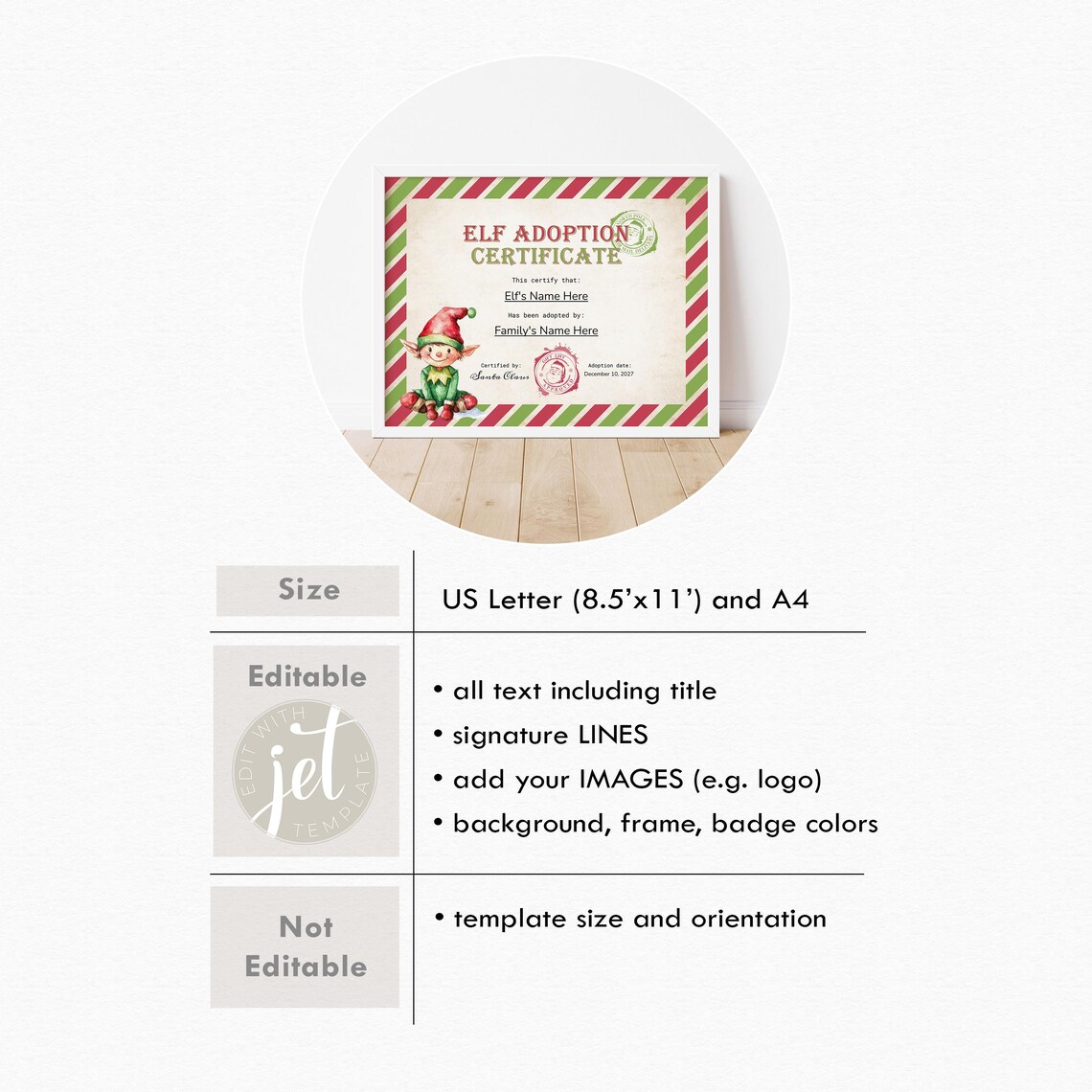 Elf Adoption Christmas Award Certificate Template, Editable Christmas ...
