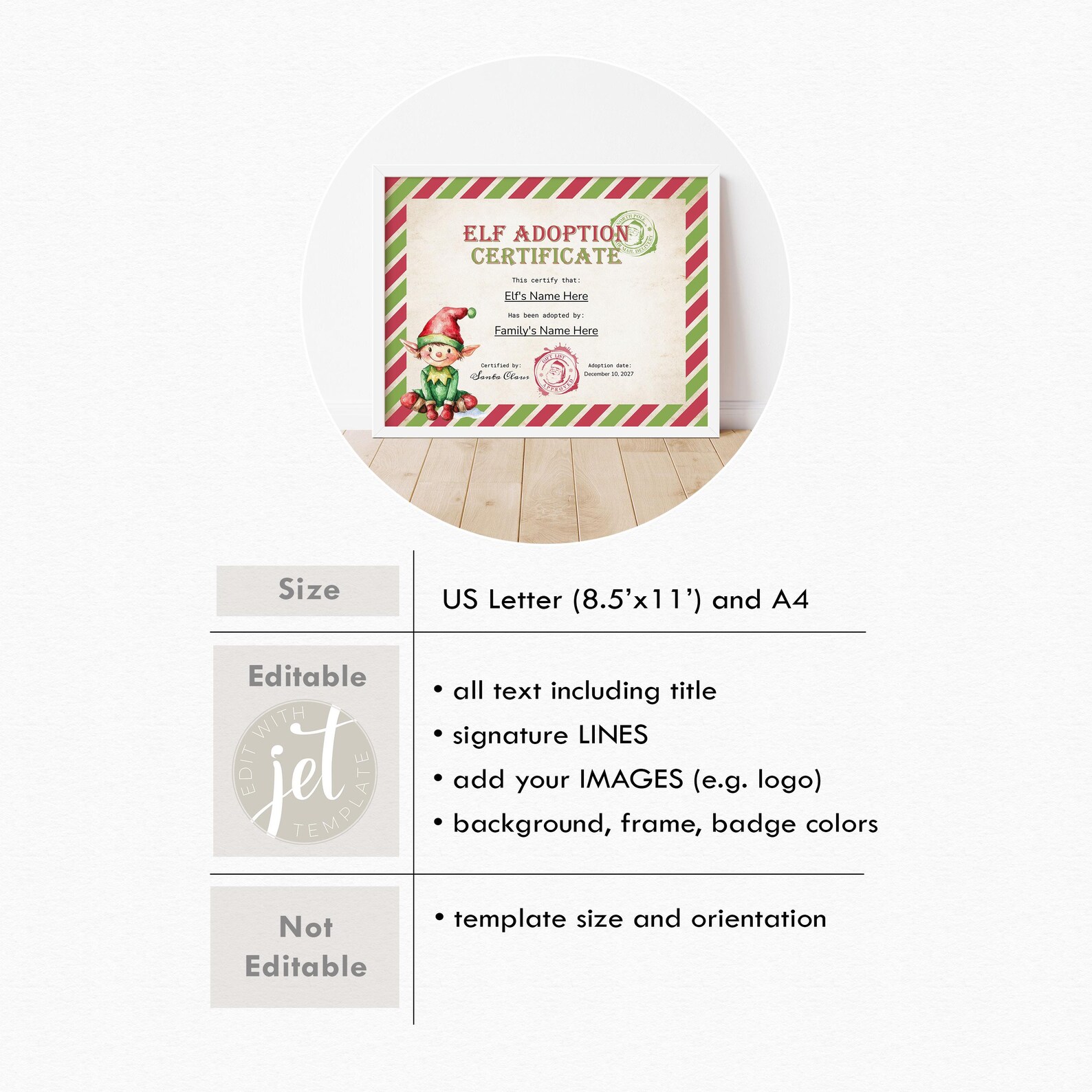 Elf Adoption Christmas Award Certificate Template, Editable Christmas ...