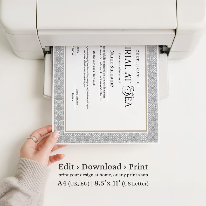 Certificate of Burial at Sea, Sea Scattering Ashes, Memorial Ashes at ...