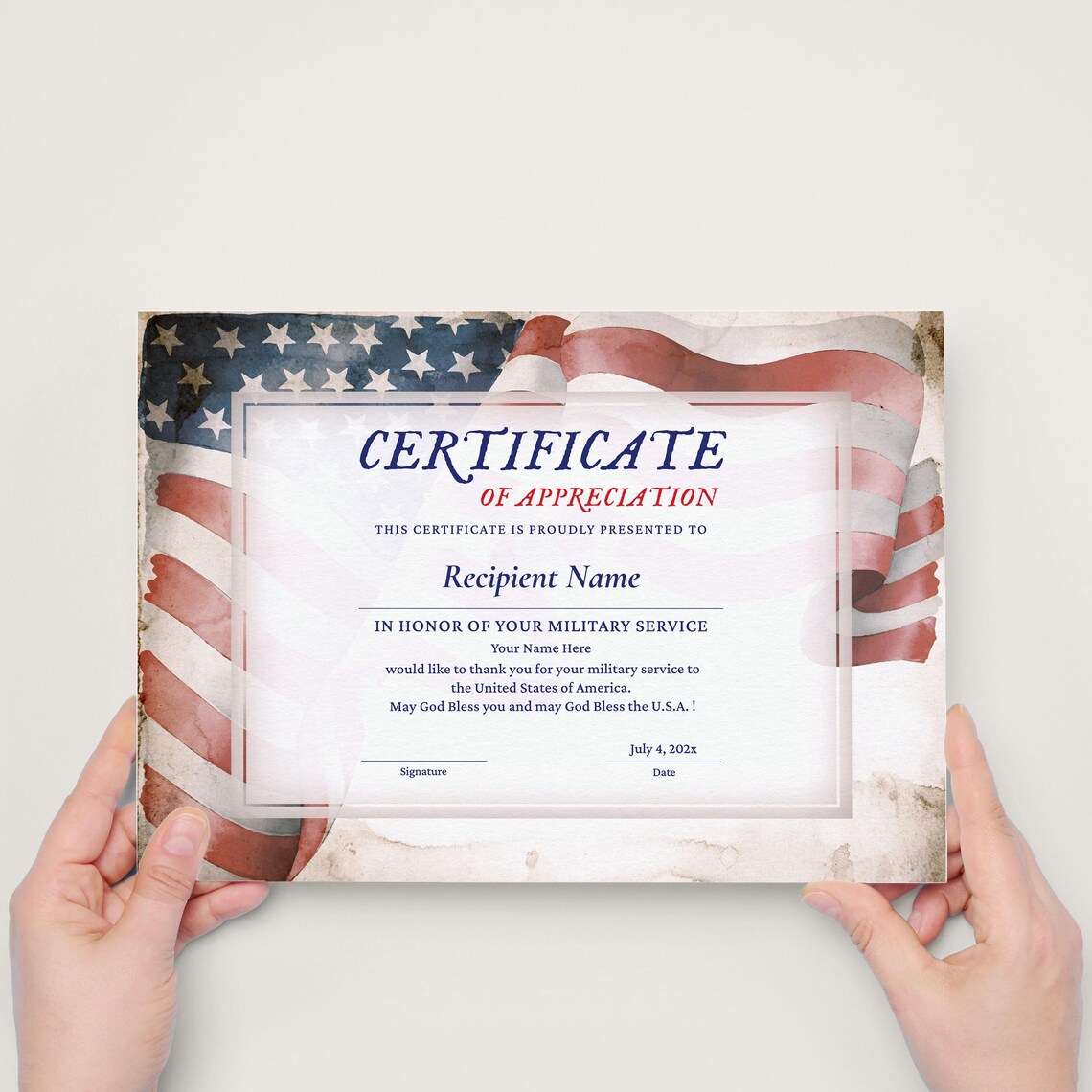 Military Service Appreciation Certificate American USA Flag Veteran's ...