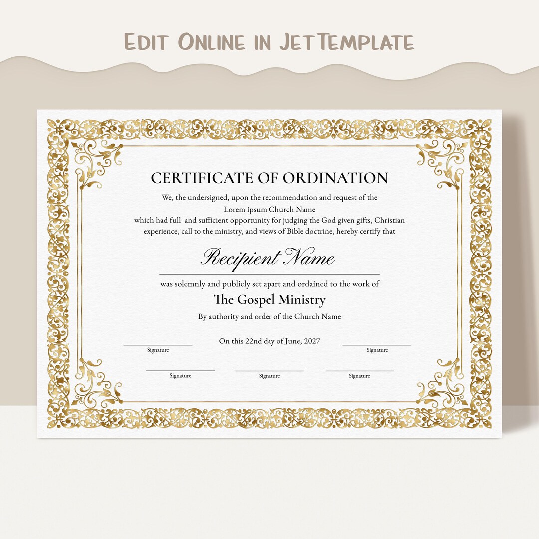 Editable Ordained Minister Certificate Template, Elegant Certificate of ...