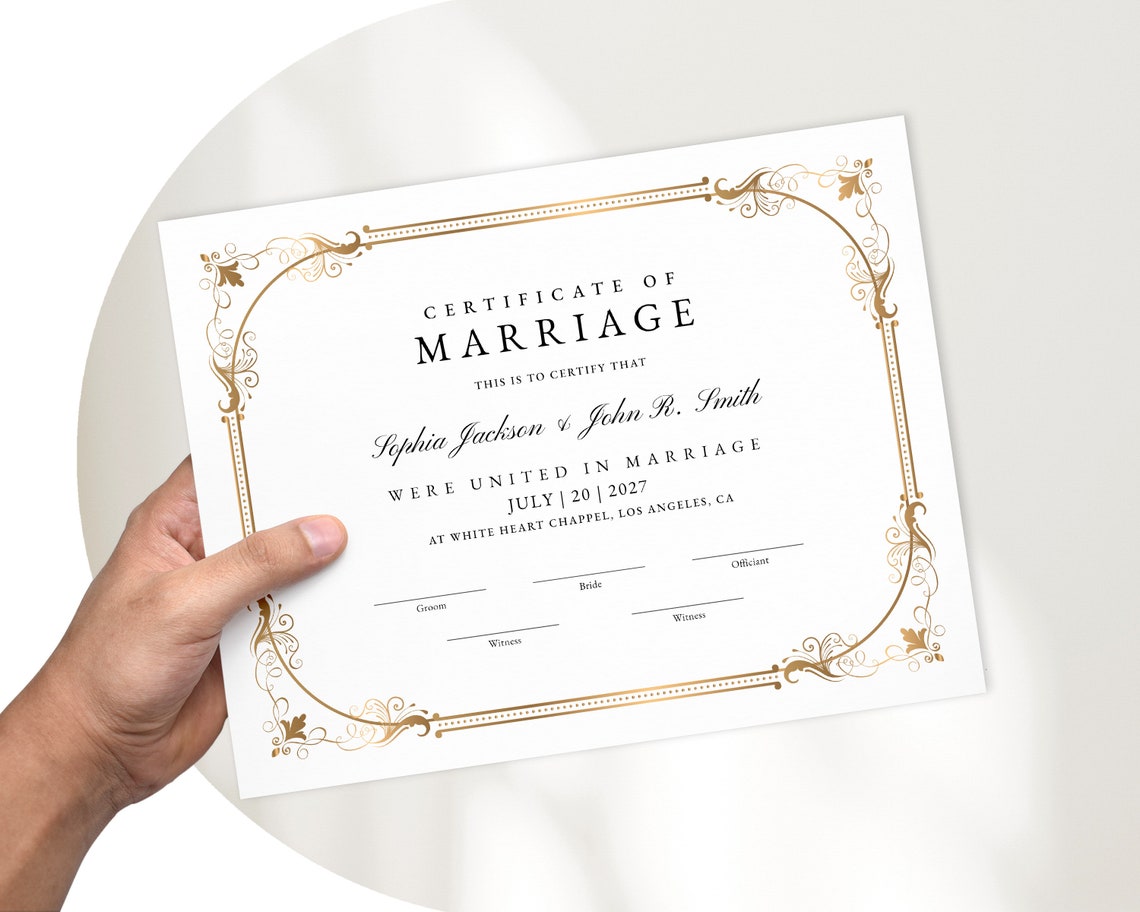 Editable Marriage Certificate Template, Classic Wedding Keepsake ...
