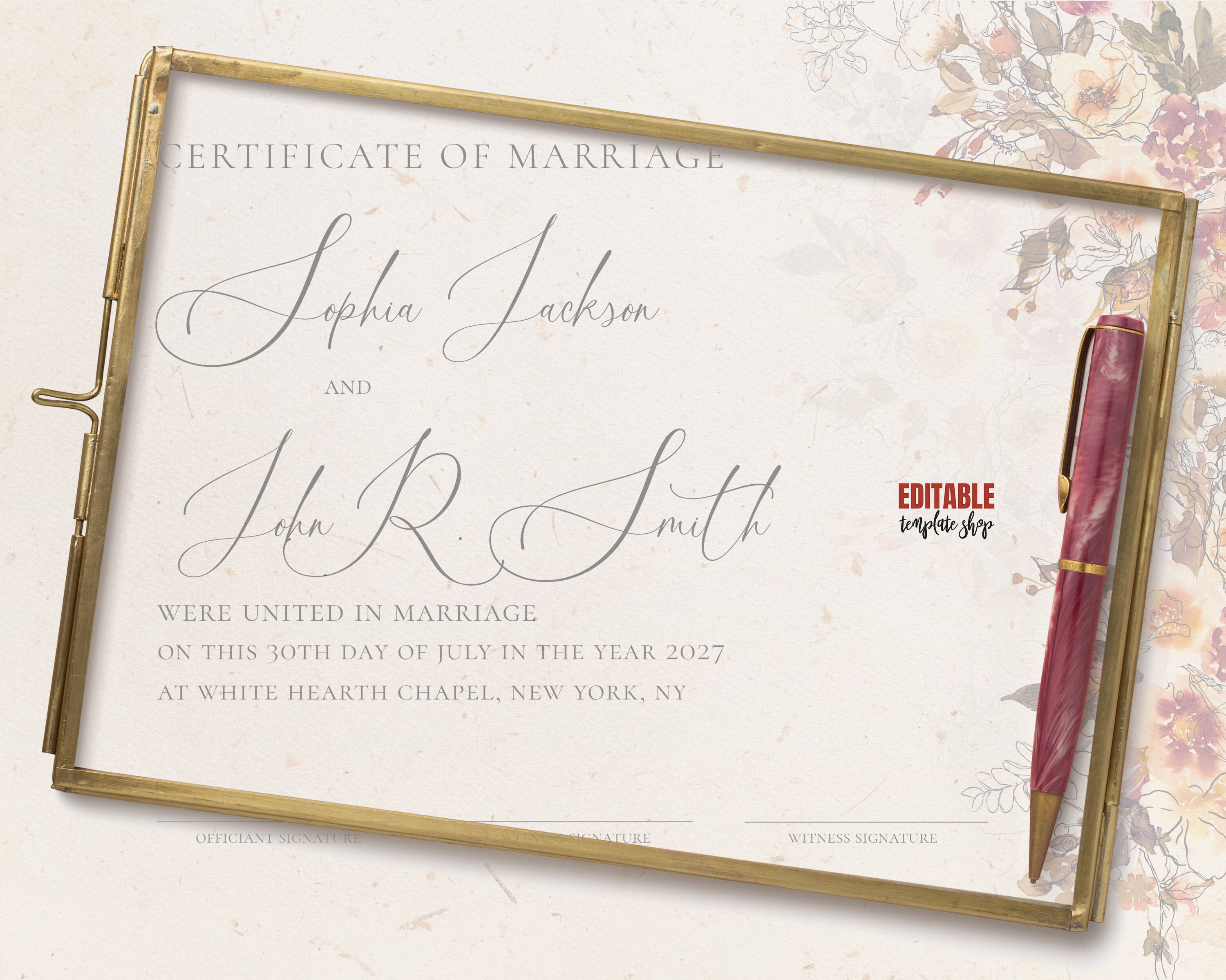 Boho Floral Marriage Certificate Template Watercolor - Etsy
