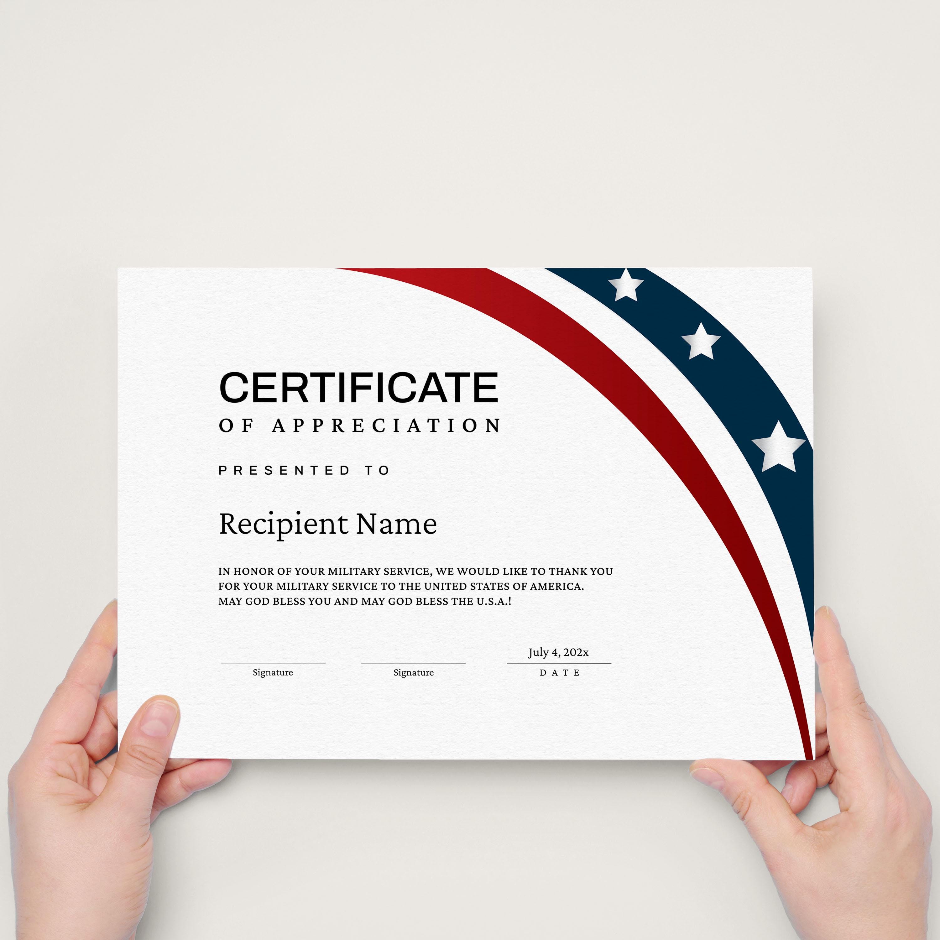 Military Service Appreciation Certificate American USA Flag Veteran's ...