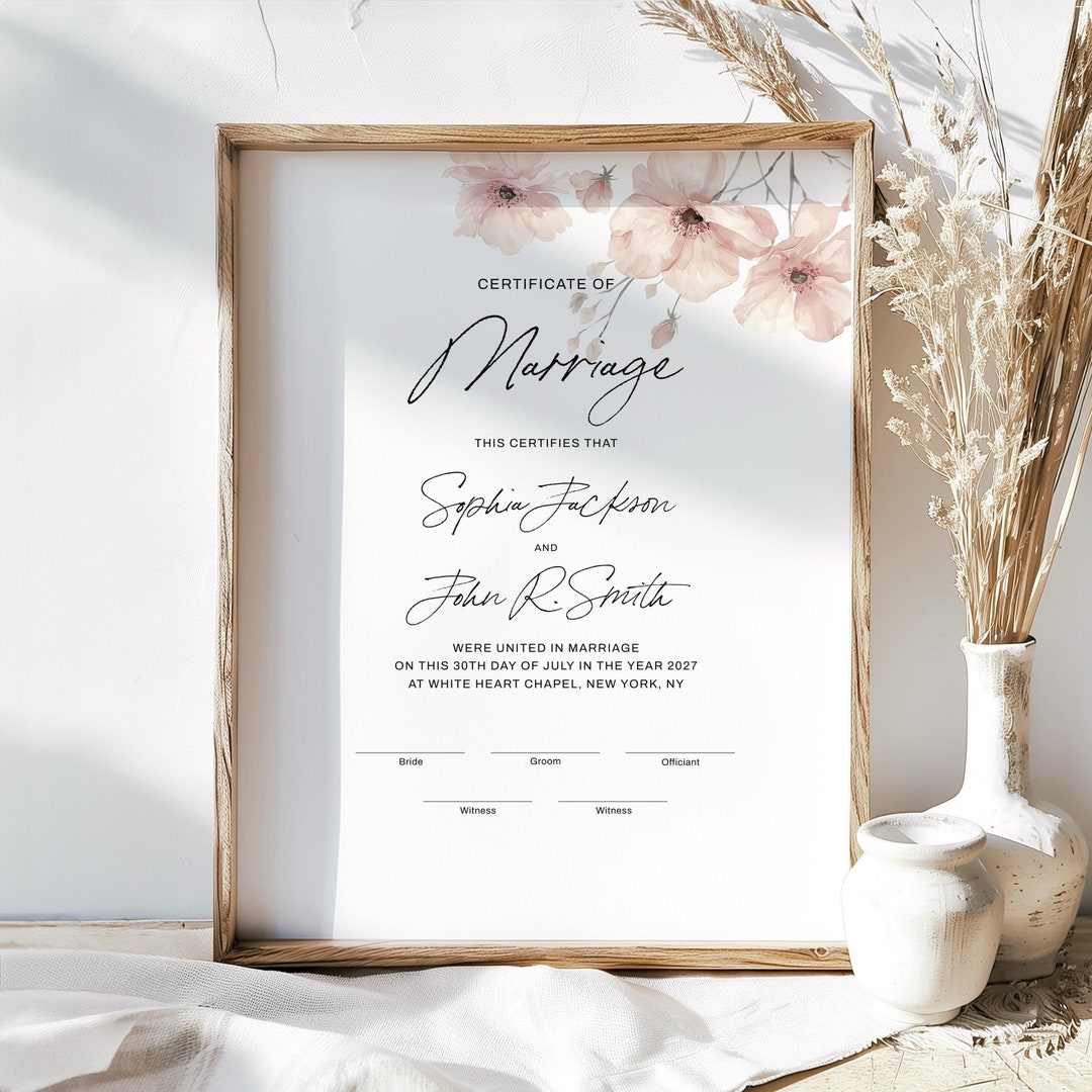 Poppy Flower Wedding Certificate Template Editable Printable ...