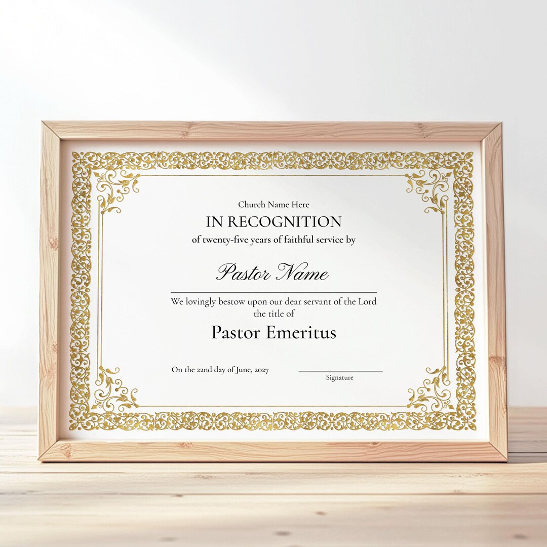 Pastor Emeritus Church Recognition Certificate Template, Church Award ...