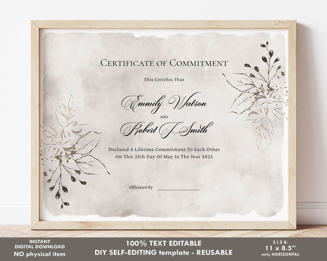 Commitment Certificate Template, Editable Printable Certificate of Commitment, Gift Certificate ...
