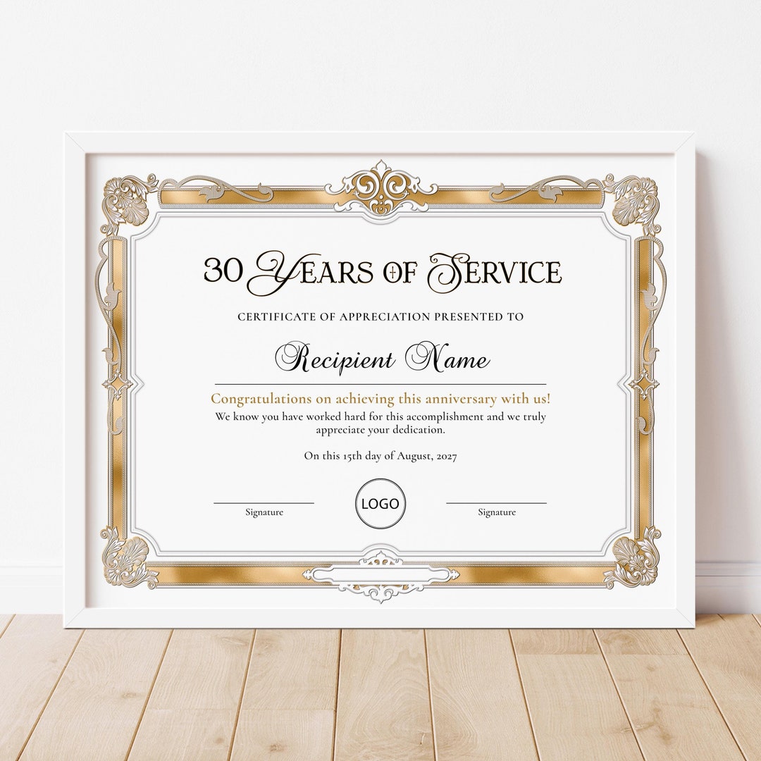 Recognition for Years of Service Award Certificate of Appreciation ...