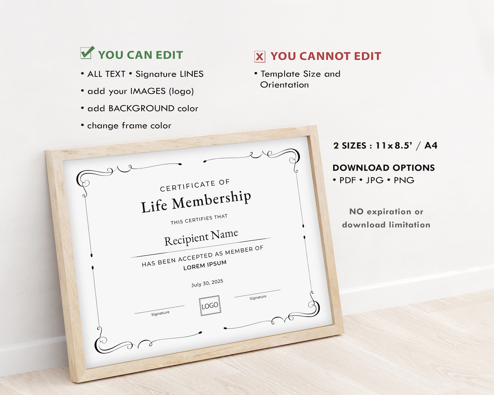 Life Membership Certificate Template Editable Printable - Etsy