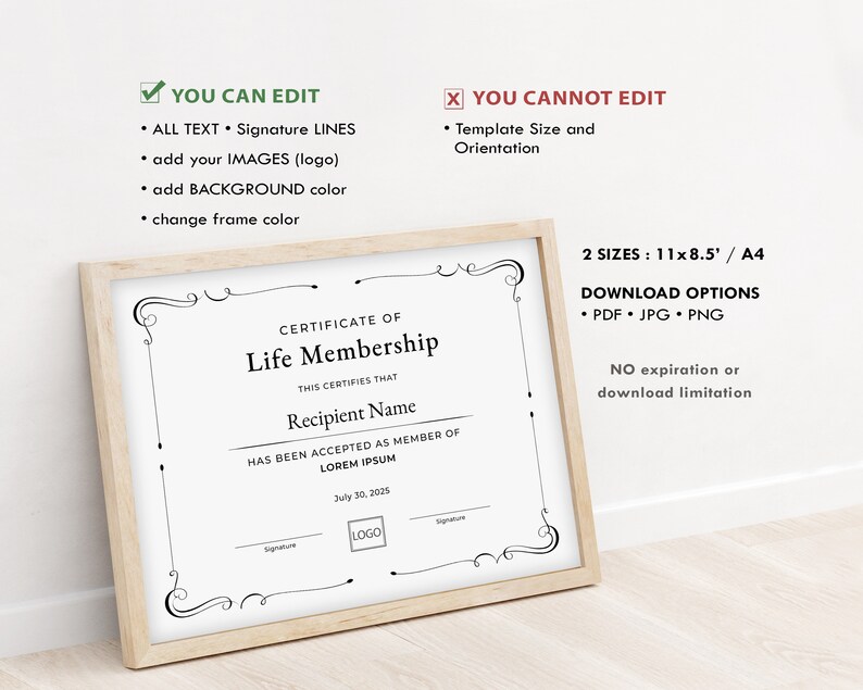 Life Membership Certificate Template Editable Printable - Etsy