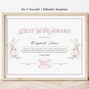 Best Wife Certificate Award Template, Editable Printable Best Wife Gift, World's Best Award ...
