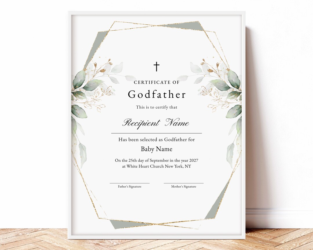 Editable Godfather Certificate Template Godparents Gift Christening ...
