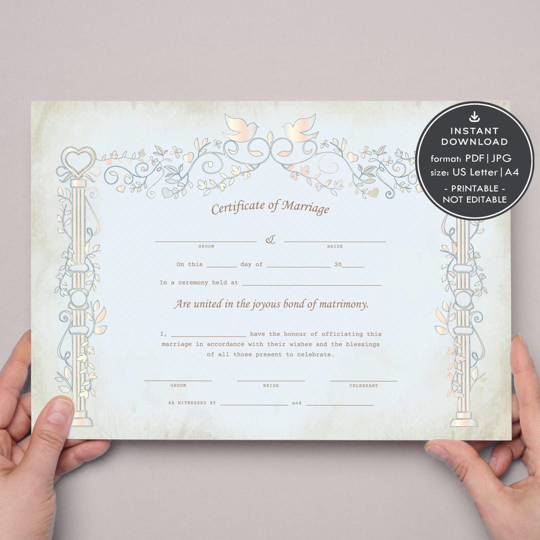 Romantic Vintage Marriage Certificate, Printable Wedding Certificate ...