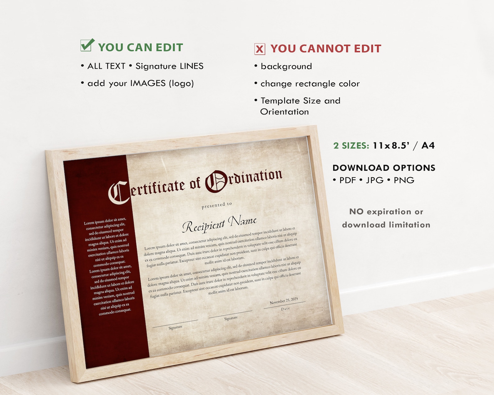Editable Certificate of Ordination Template, Ordination Certificate ...