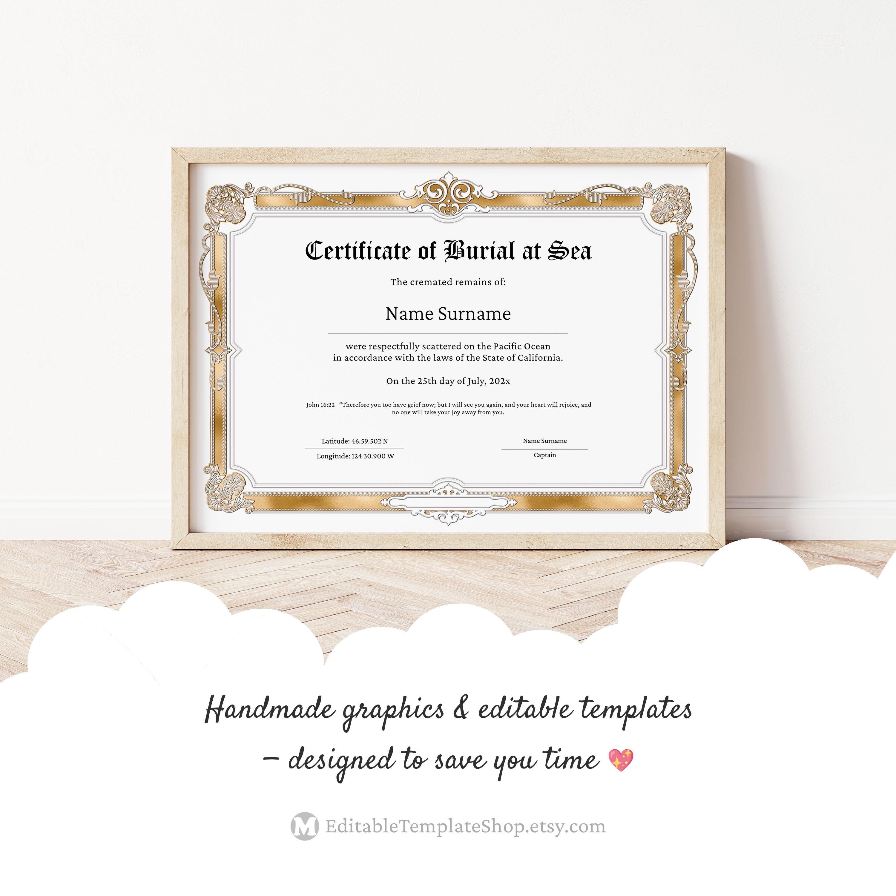 Certificate of Burial at Sea, Spreading Ashes at Sea, Sea Scattering ...