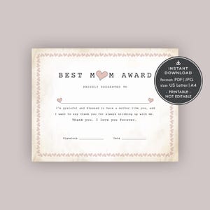 Printable Best Mom Award Certificate Mother’s Day Gift Award for Mom ...