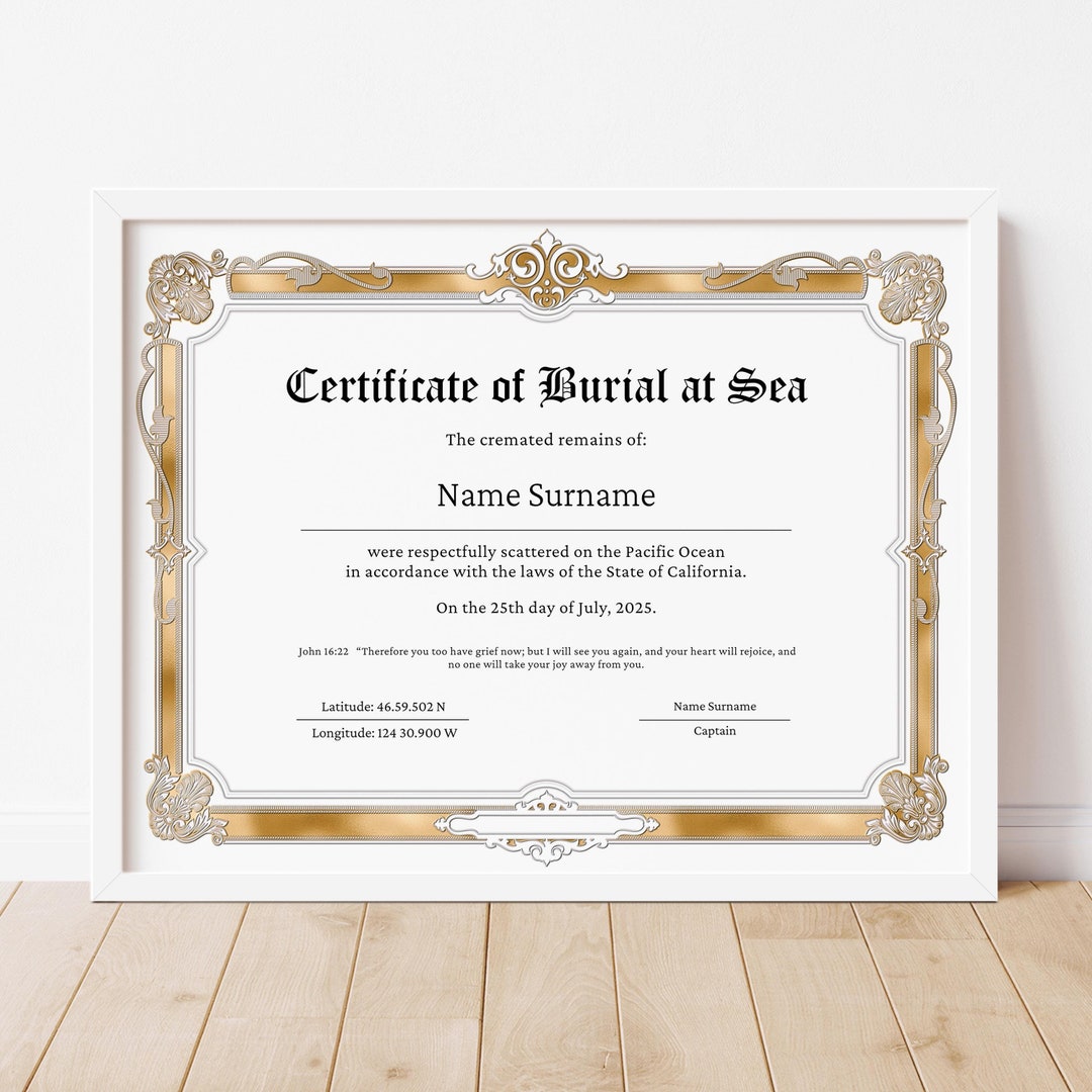 Certificate of Burial at Sea, Spreading Ashes at Sea, Sea Scattering ...
