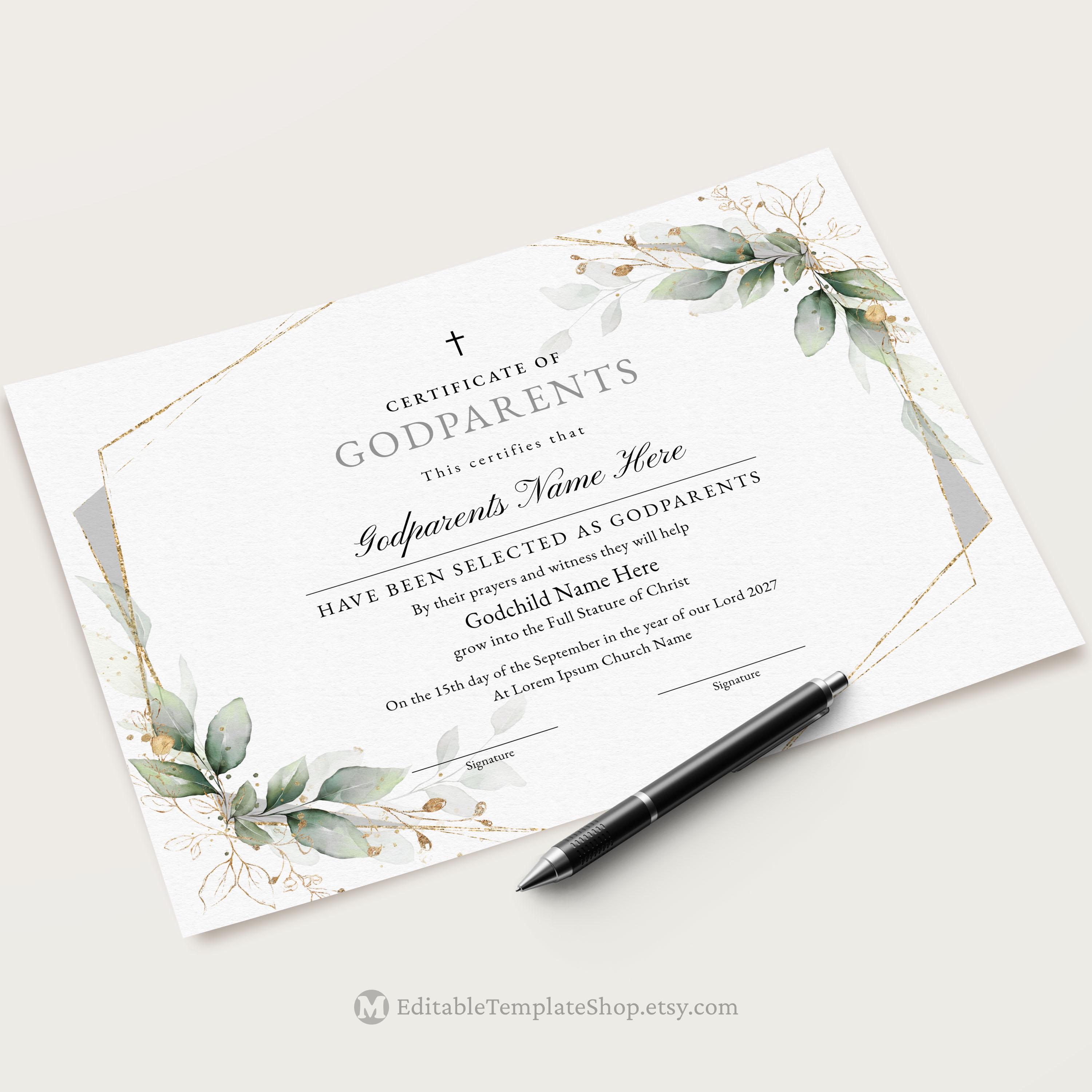 Editable Godparents Certificate Template Godparents Gift Christening ...