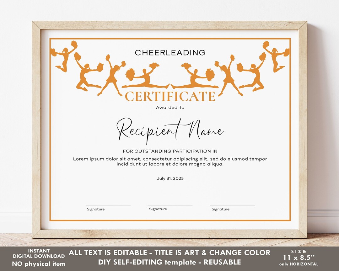 Cheerleading Participation Certificate Template, Editable Printable ...