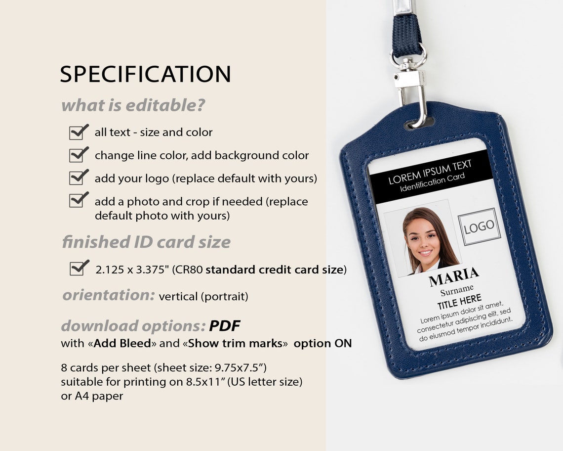 Editable Photo ID Card Template Printable ID Badge - Etsy