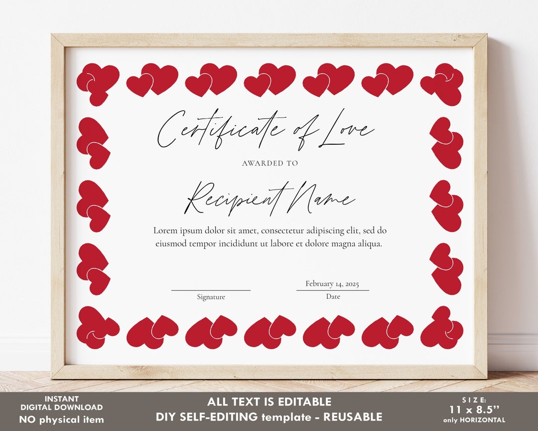 Love Certificate Template Valentines Day Gift for Him or Her - Etsy