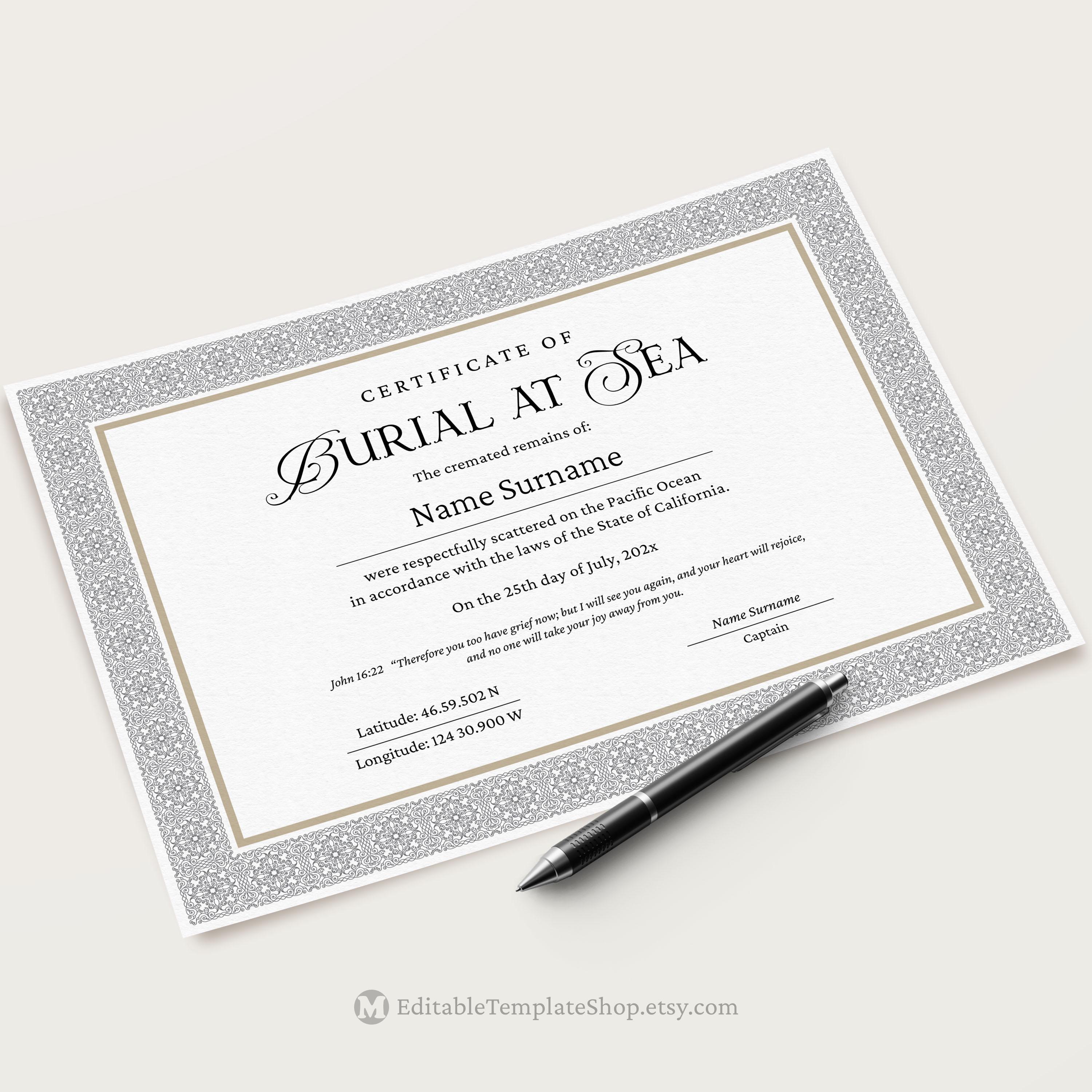 Certificate of Burial at Sea, Sea Scattering Ashes, Memorial Ashes at ...