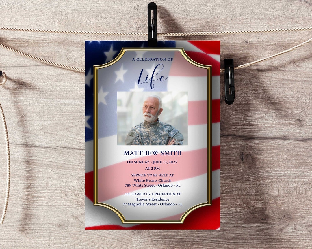 Veteran Funeral Announcement Invitation, Celebration of Life Invitation ...