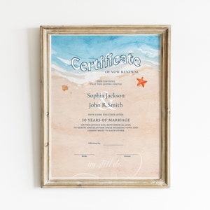 Beach Vow Renewal Certificate Template Editable Summer Beach - Etsy