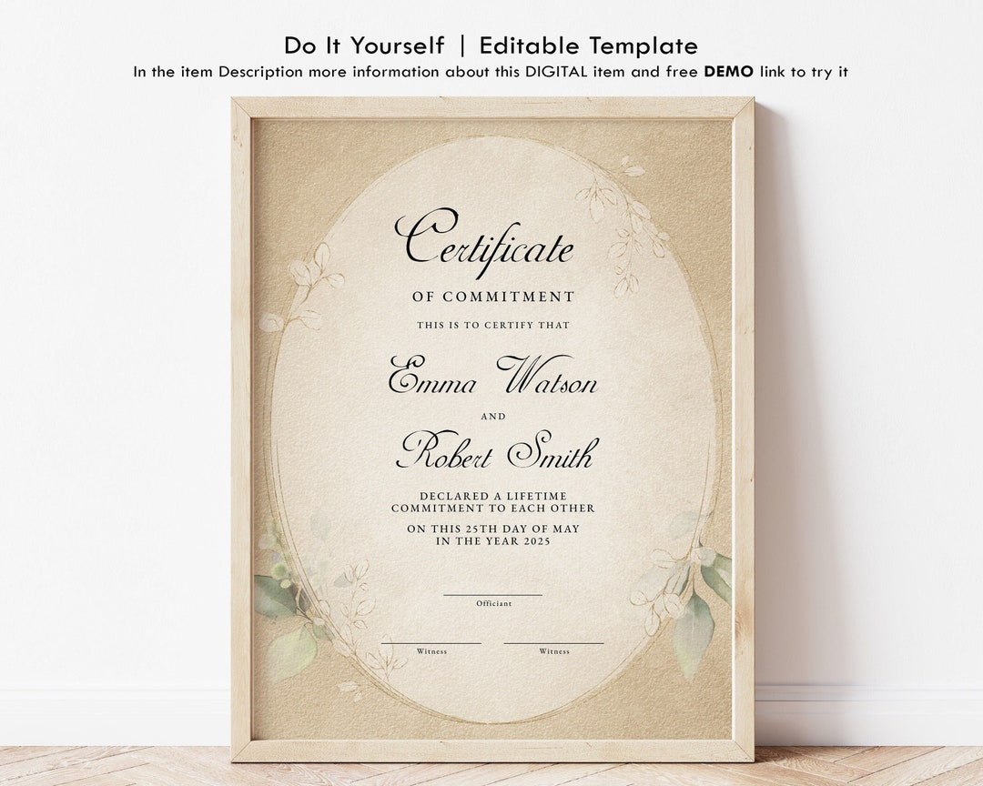 Editable Certificate of Commitment, Wedding Keepsake, Marriage Vow ...