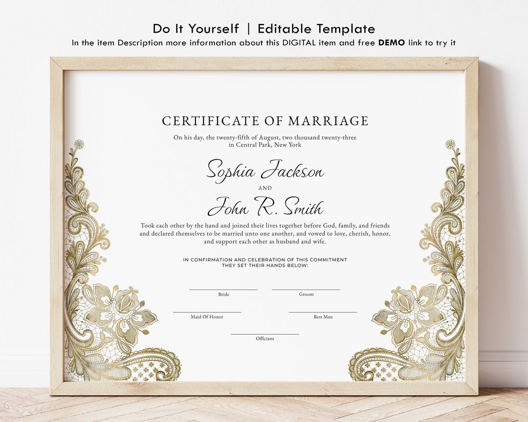 Editable Certificate of Marriage, Wedding Keepsake Marriage Certificate ...