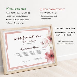 Editable Best Friend Forever Certificate Template, Personalized Gift ...