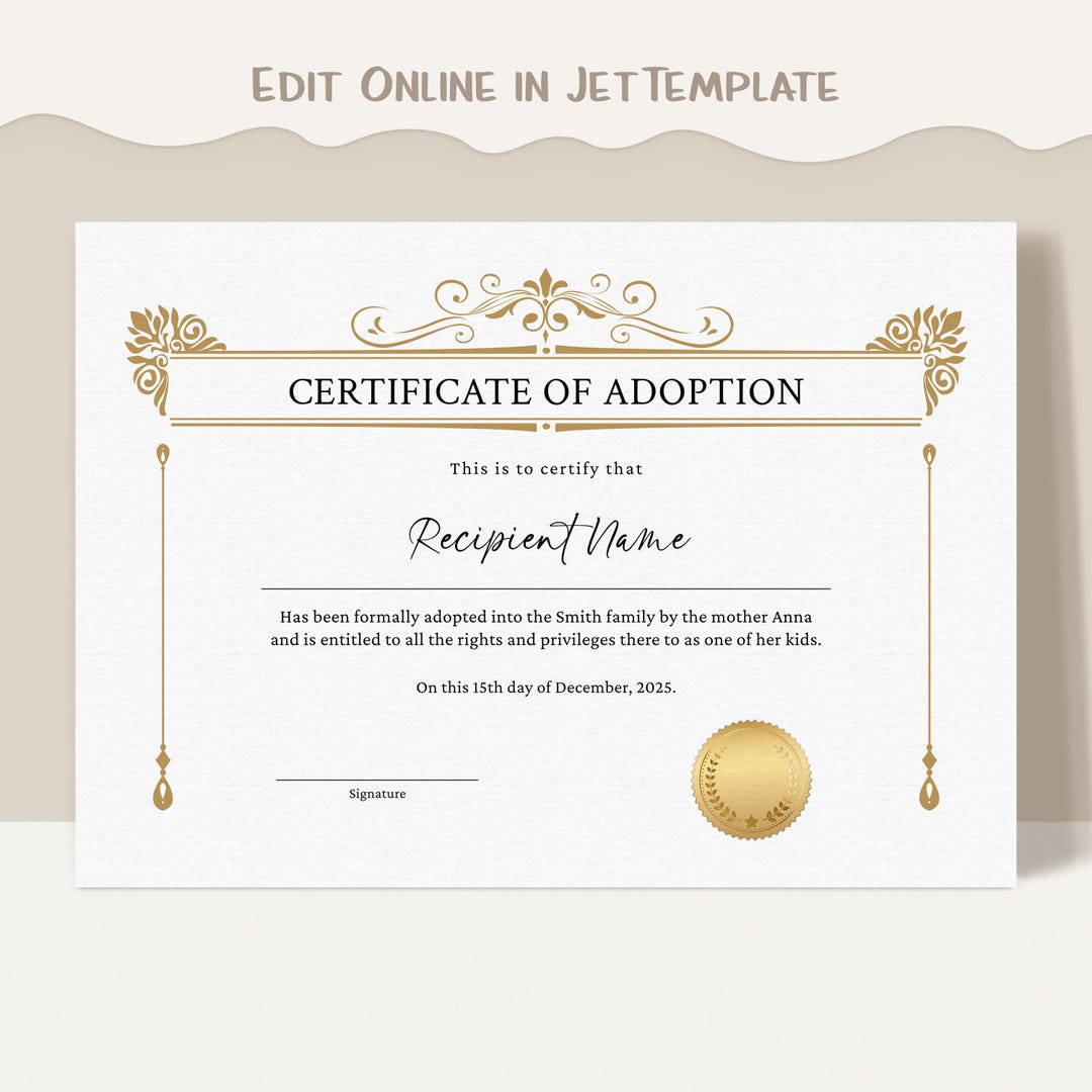 Certificate of Adoption to Our Family, Editable Printable Stepparent ...