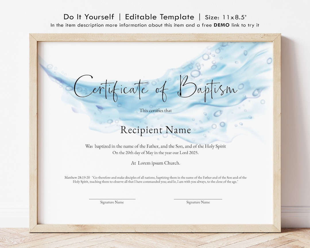 Editable Baptism Certificate Template, Printable Minimalist Certificate ...