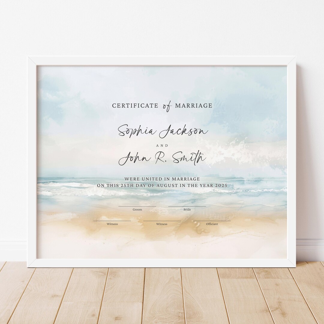 Beach Wedding Ceremony Certificate Template Editable Summer Beach ...