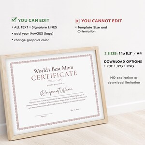 Editable Best Mom Award Certificate Template, Gift for Mothers Day ...